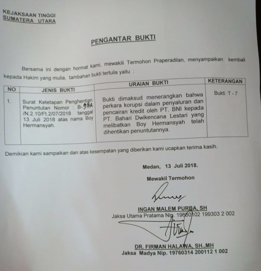 Kejati Sumut Keluarkan Surat Penghentian Penuntutan Kasus Korupsi BNI Medan